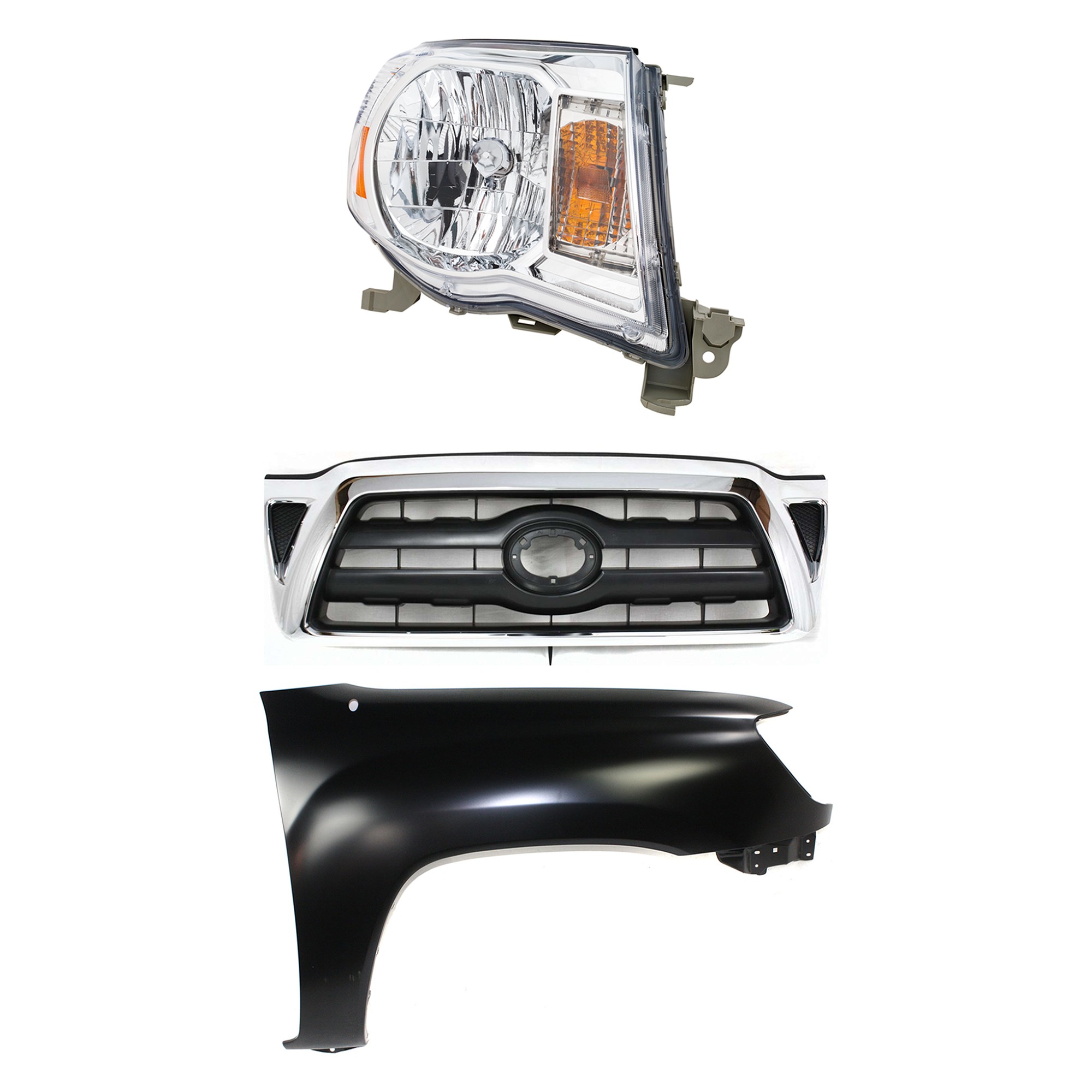 3-Piece Kit Grille for 2005-2008 Toyota Tacoma, Chrome Shell with Black ...